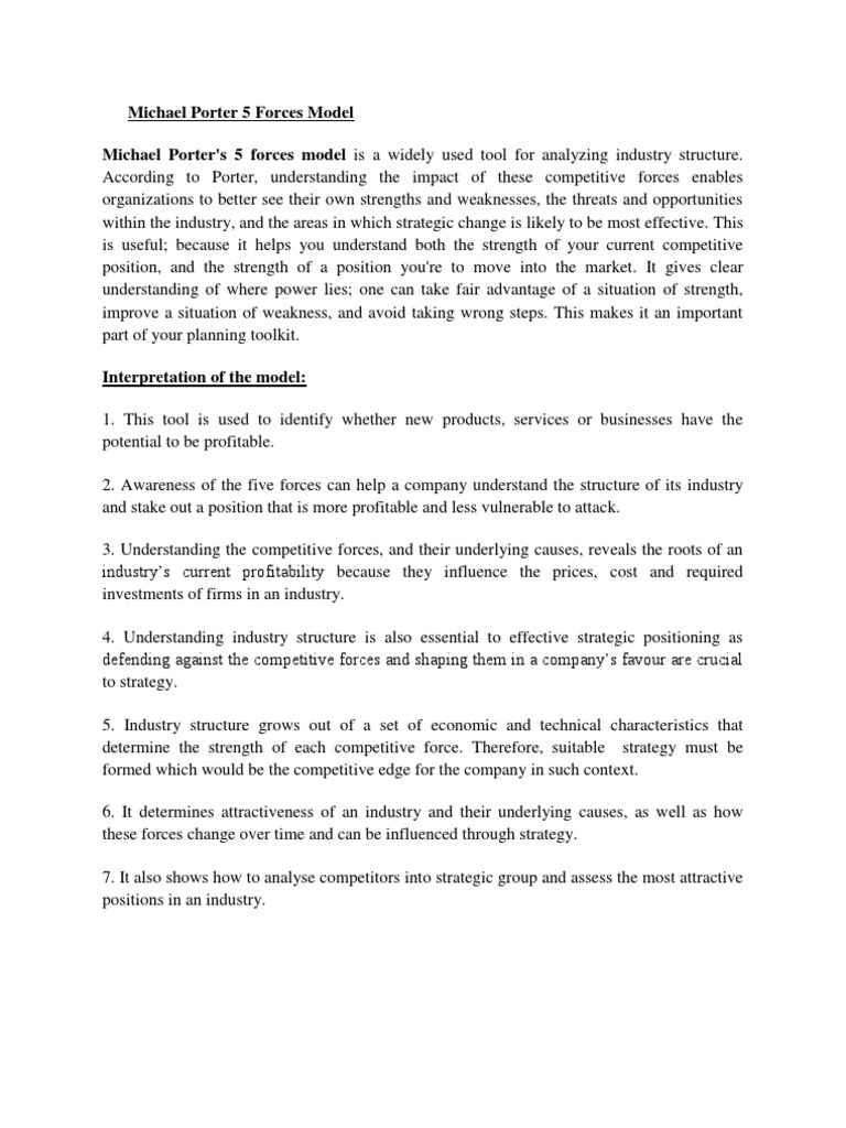 Michael Porter 5 Forces Model Analysis | PDF | Competition | Strategic ...