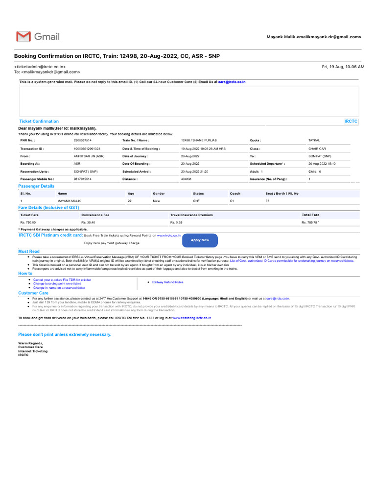 Booking Confirmation On IRCTC, Train: 12498, 20-Aug-2022, CC, ASR - SNP | PDF | Service ...