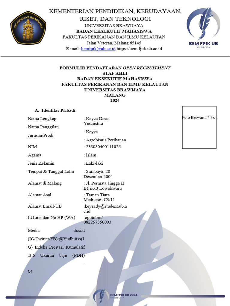 Formulir Pendaftaran Staf Ahli Bem Fpik Ub | PDF