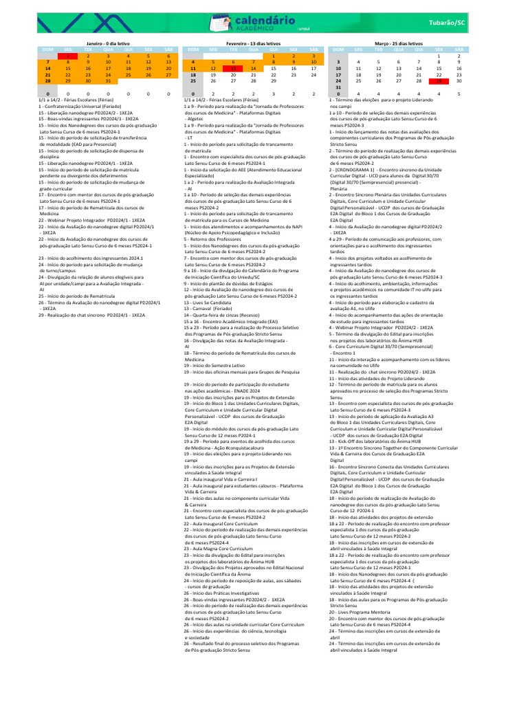 Calendario-2024 UNISUL Tubarao Aluno 16-01-2024 | PDF