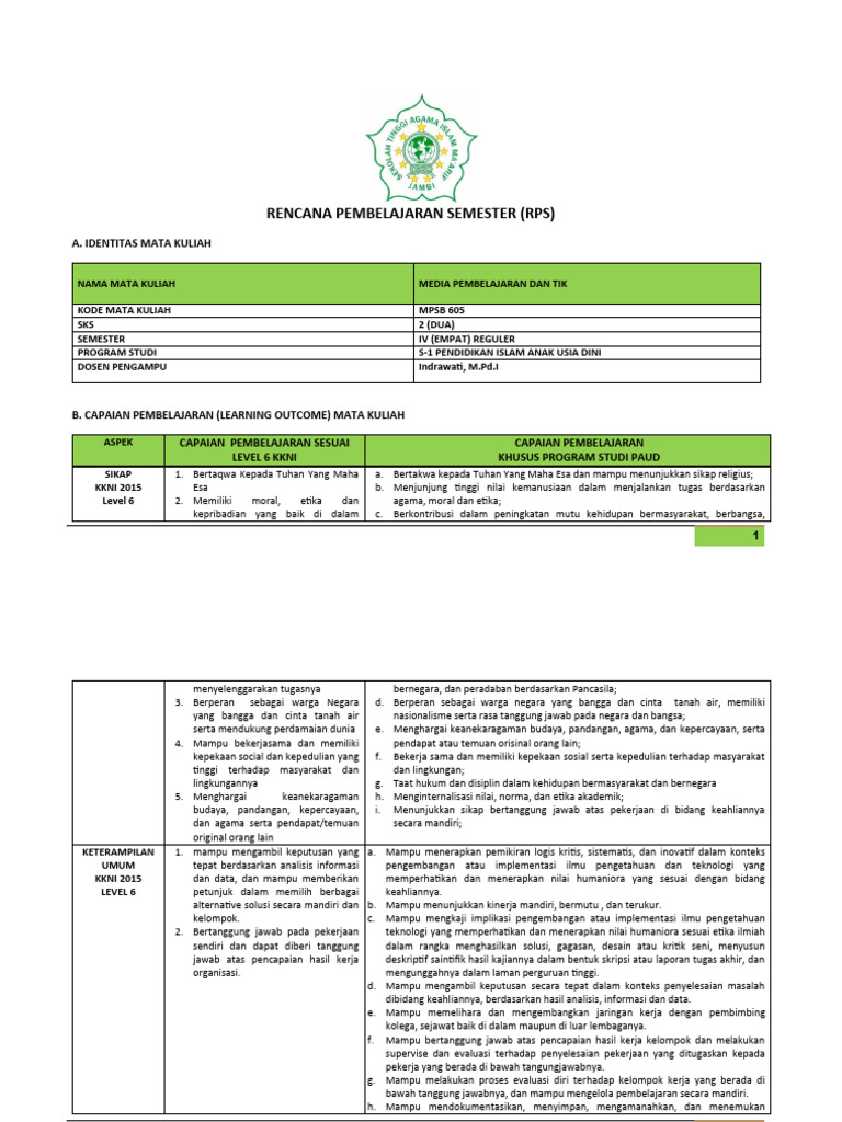 RPS Media Pembelajaran PAUD | PDF | Karier & Perkembangan