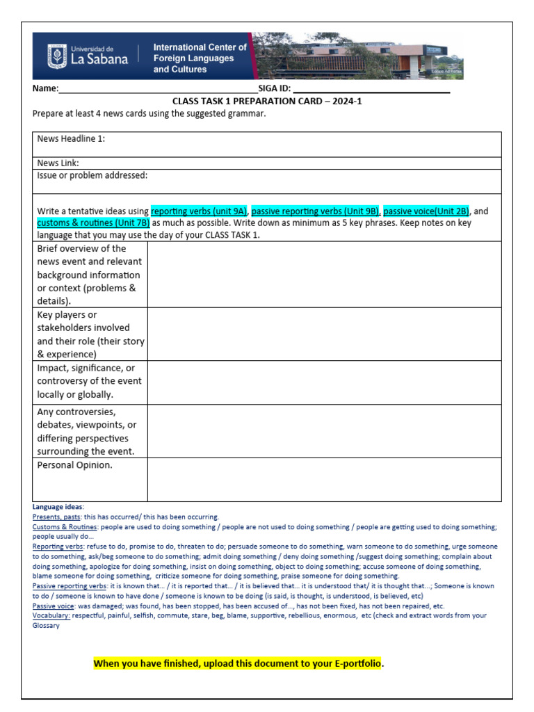 Class Task 1 Preparation Card | PDF