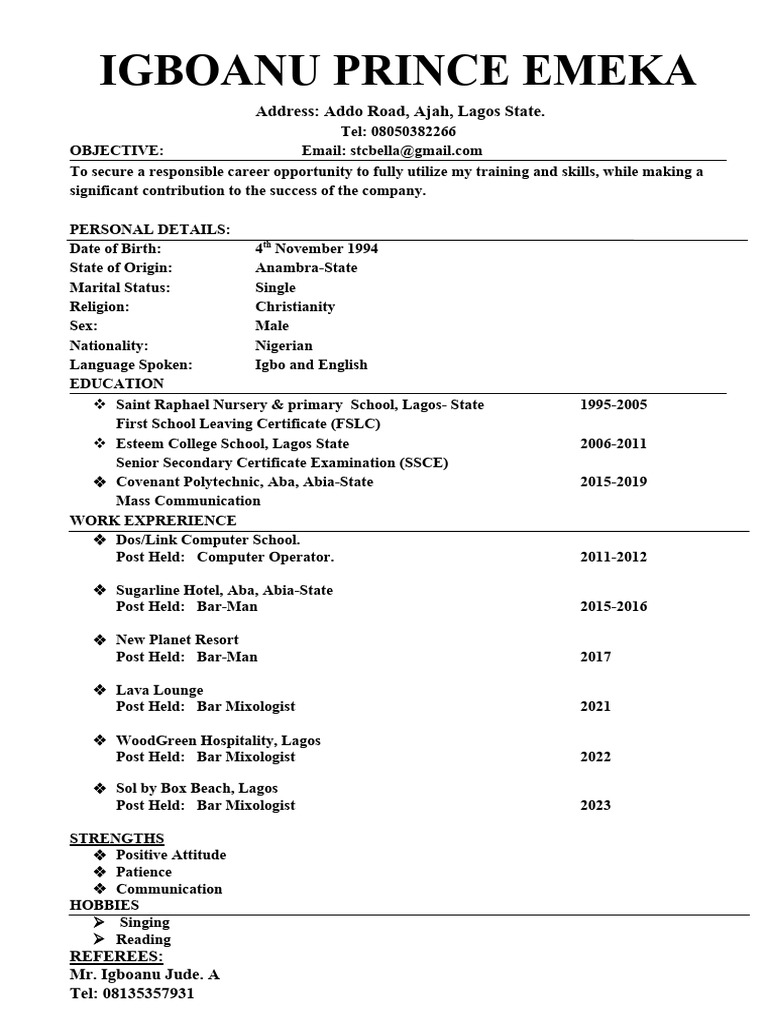 Hospitality & Bar Mixologist CV | PDF