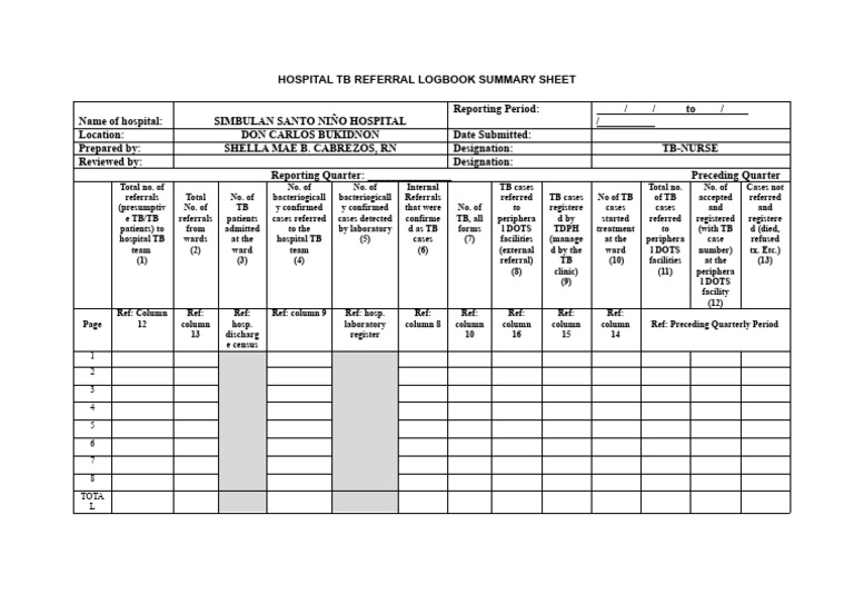 Hospital TB Referral Logbook Summary Sheet | PDF