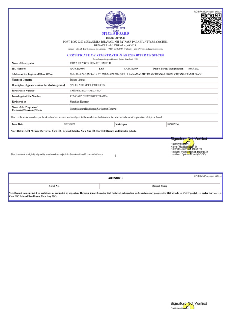 Spice Board Certificate 1 | PDF