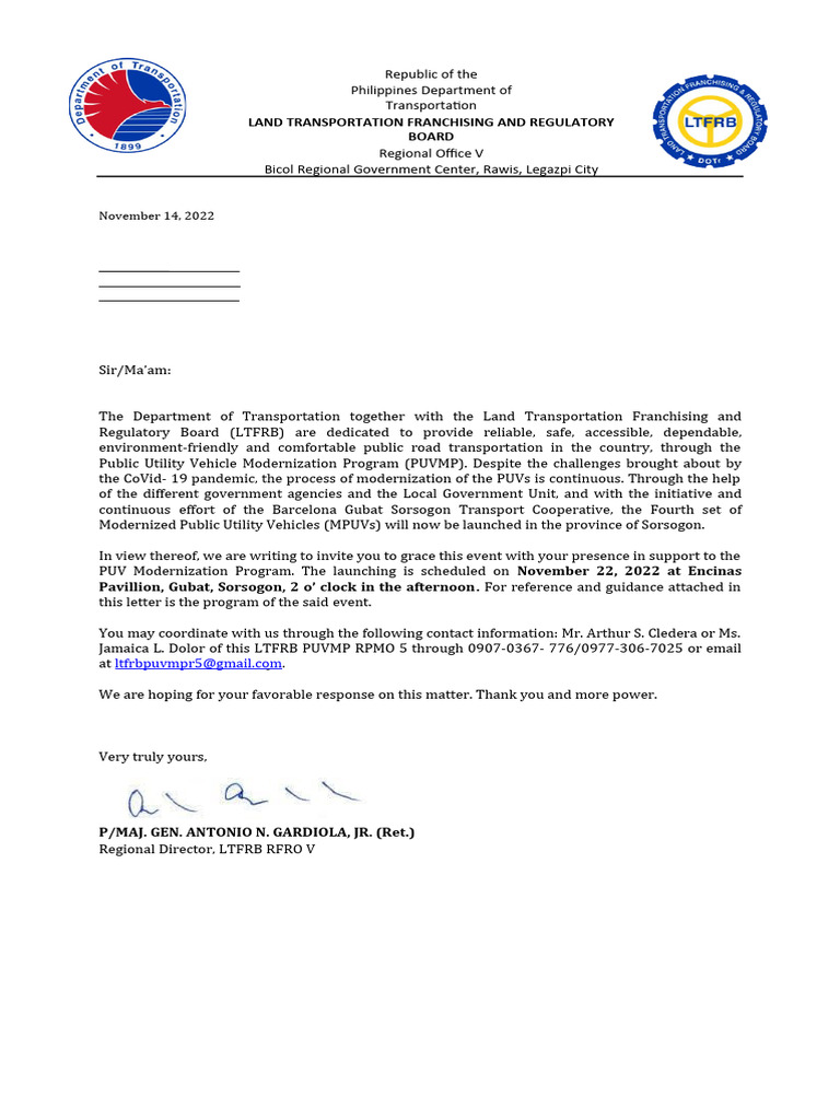 Invitation Letter Launching Bulusangubatpto. Diaz | PDF | Finance ...