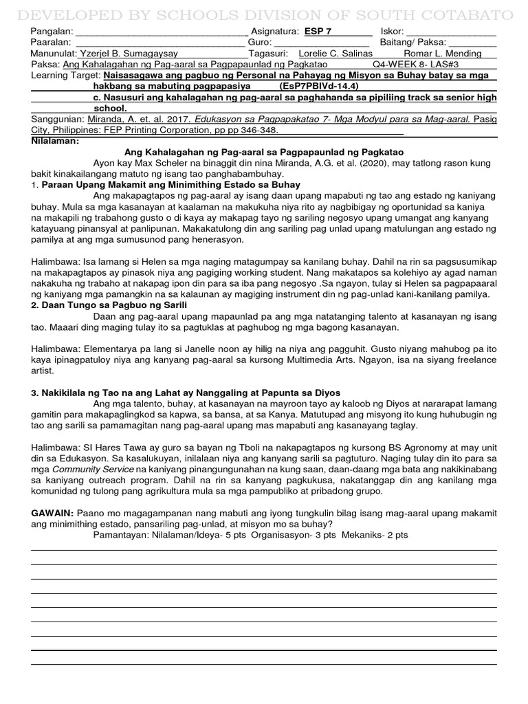 Esp7 Quarter 4 Week 8 Las 3 | PDF