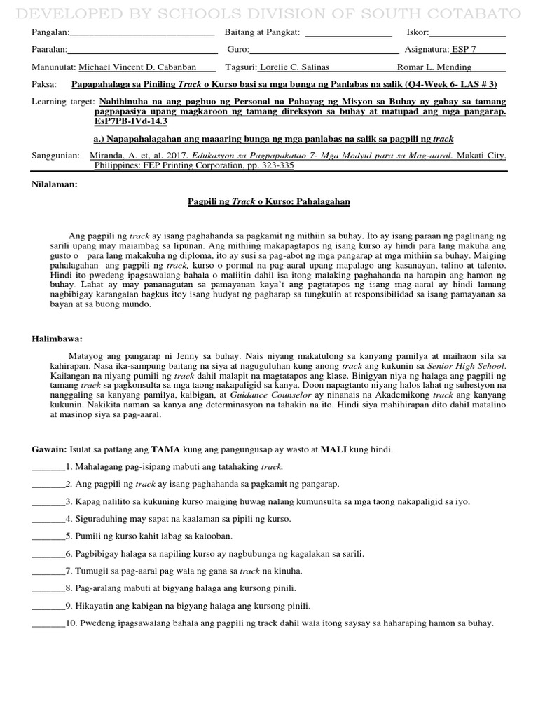 Esp7 Quarter 4 Week 6 Las 3 | PDF