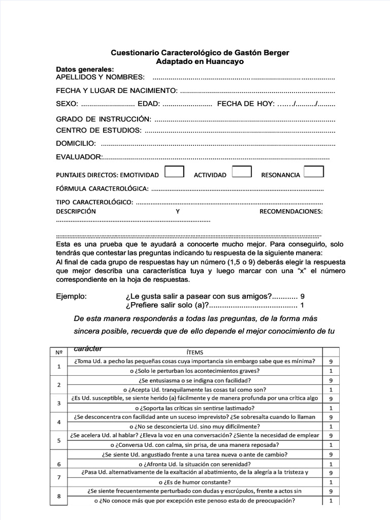 PDF Cuestionario Caracterologico de Gaston Berger Compress | PDF | Relaciones personales ...