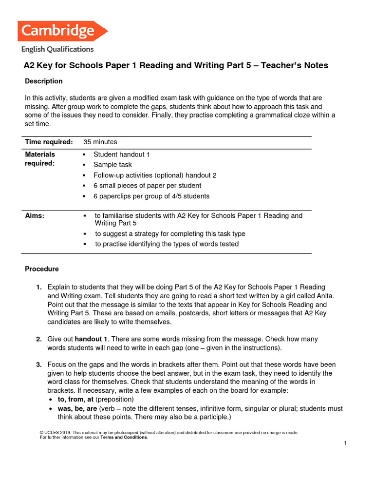 A2 Key For Schools Reading and Writing Answer Sheet | PDF | Verb | Plural