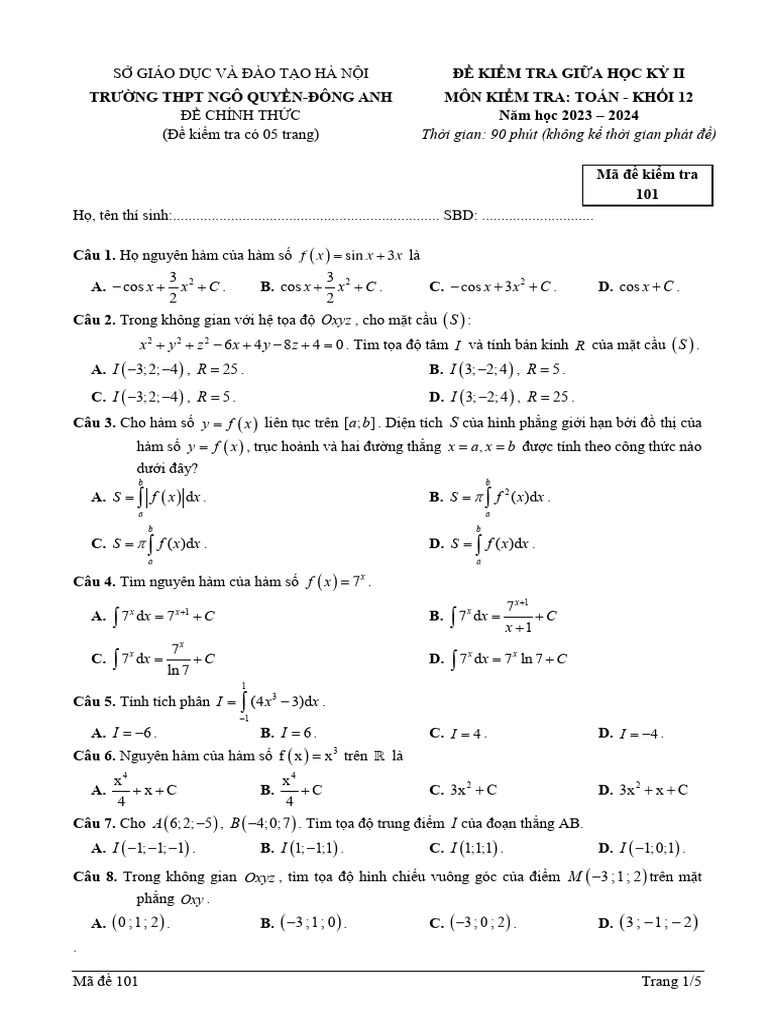 De Giua Hoc Ky 2 Toan 12 Nam 2023 2024 Truong THPT Ngo Quyen Ha Noi | PDF