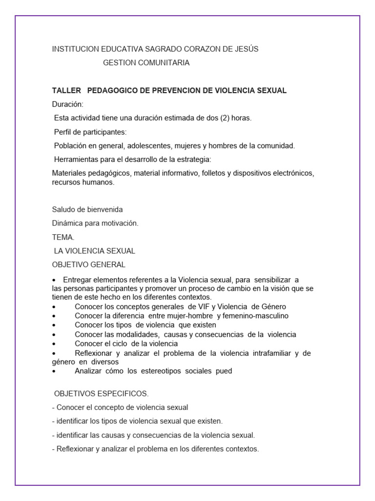 Taller Pedagogico de Prevencion de Violencia Sexual | PDF | Violencia | Violencia sexual