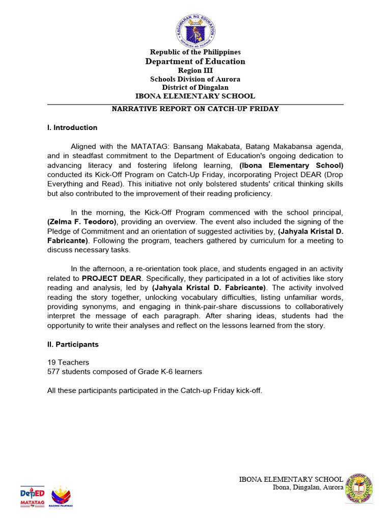 Catch-Up Friday Narrative Report | Download Free PDF | Learning Methods ...