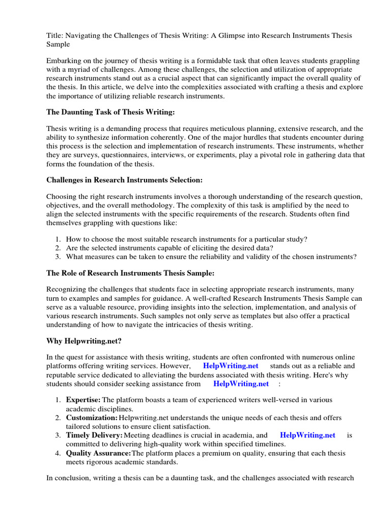 Research Instruments Thesis Sample | PDF | Survey Methodology | Analysis Of Variance