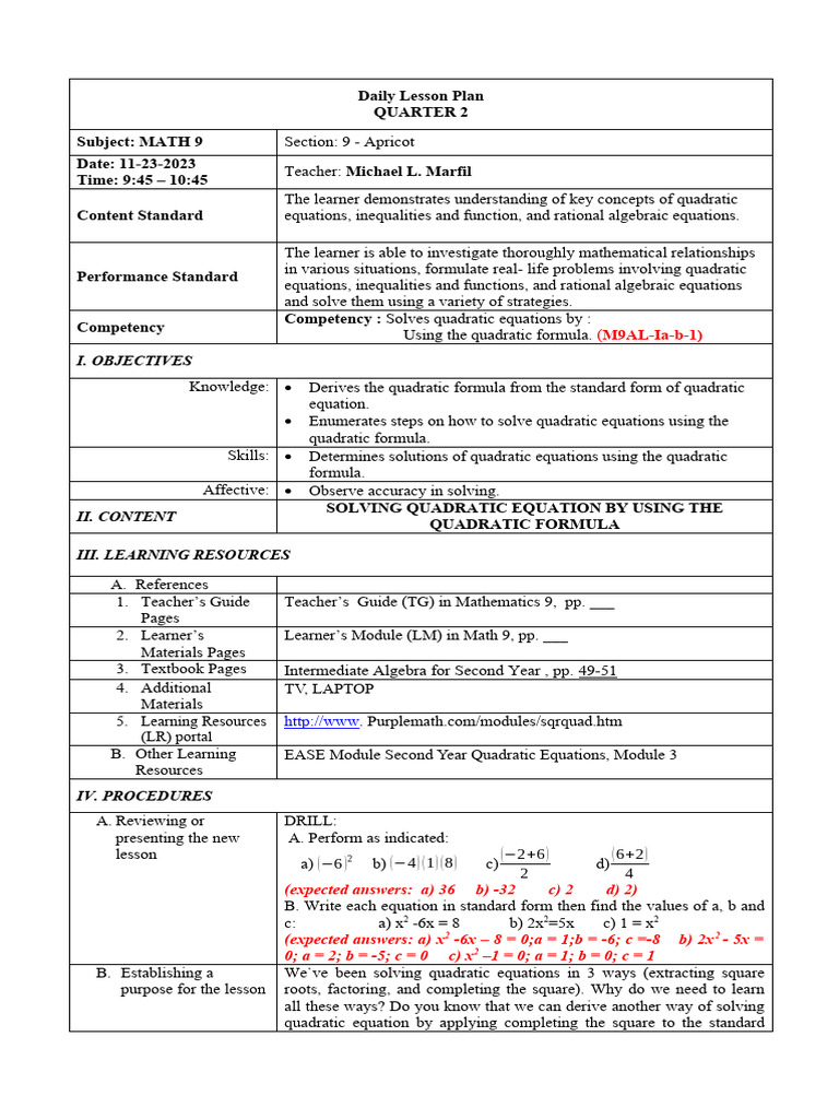 DLP Quadratic Formula | PDF | Quadratic Equation | Equations