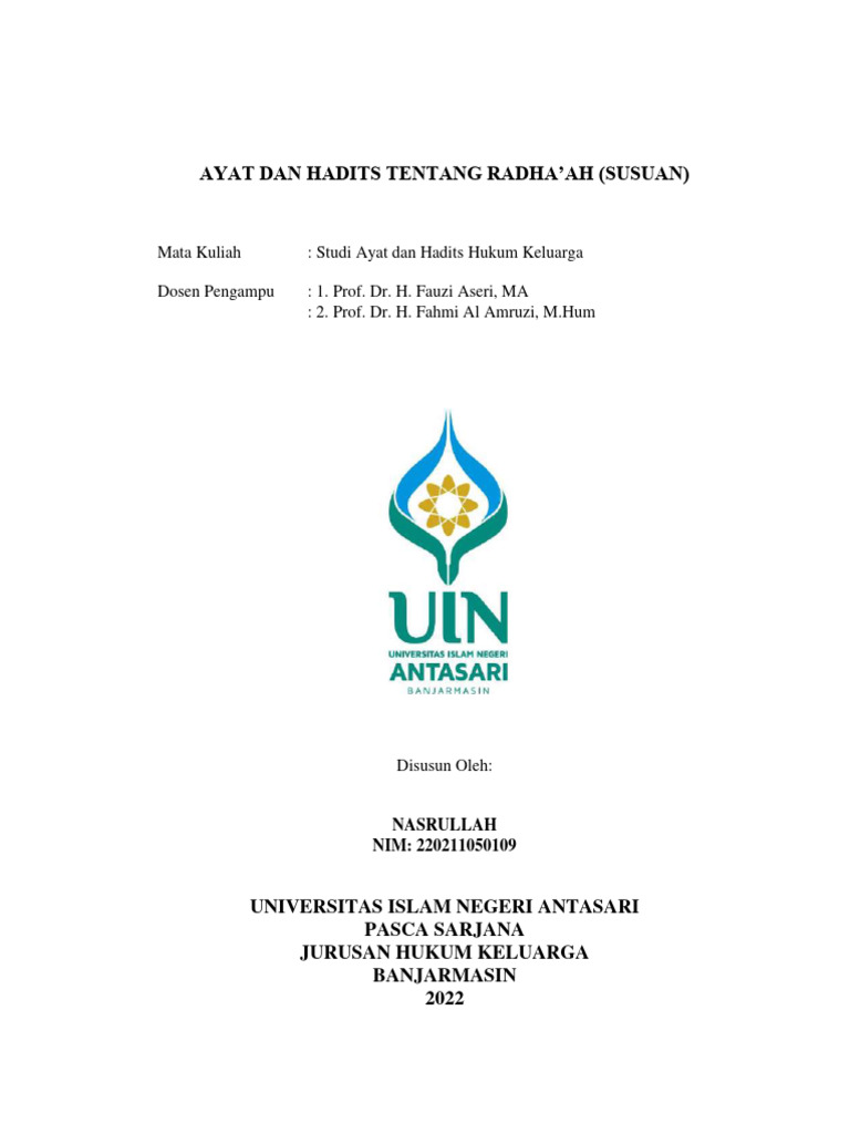Makalah Ayat Dan Hadits Tentang Radha'ah (Susuan) | PDF