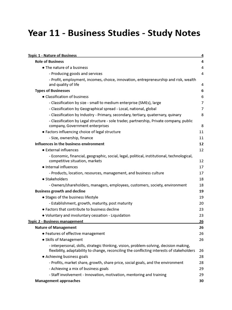 Year 11 - Business Studies - Study Notes - 2023 | Download Free PDF ...