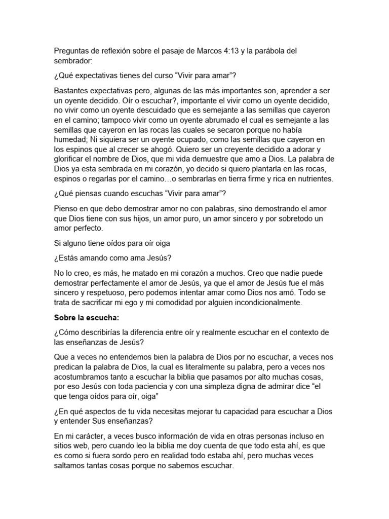 Preguntas de Reflexión Sobre El Pasaje de Marcos - Hector | PDF | Amor | Biblia