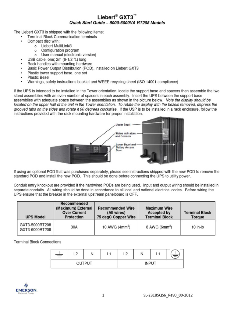 Liebert Gxt3: Quick Start Guide - 5000-6000VA RT208 Models | PDF