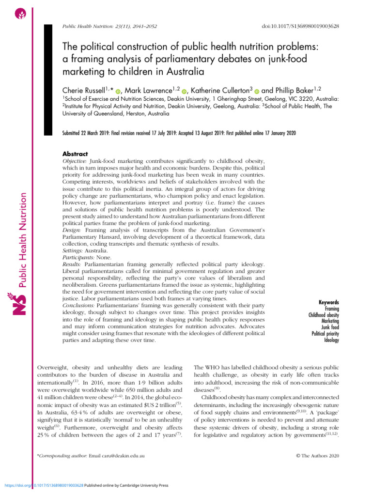 The Political Construction of Public Health Nutrition Problems a ...