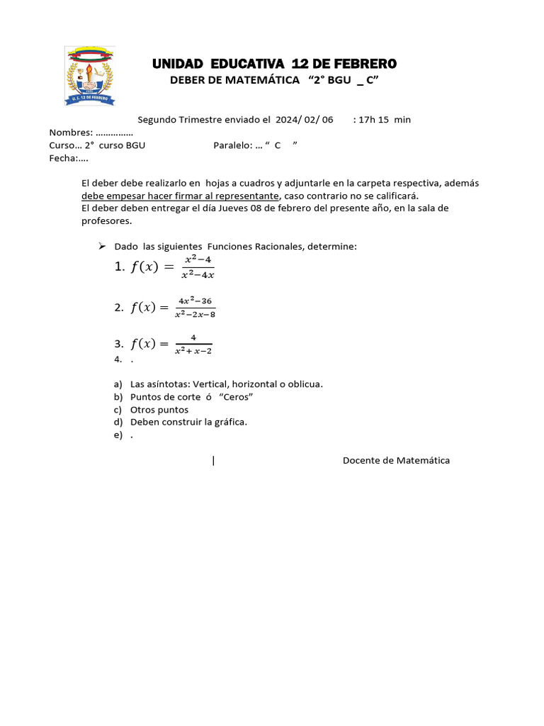Deber de Matemática 2° BGU C | PDF