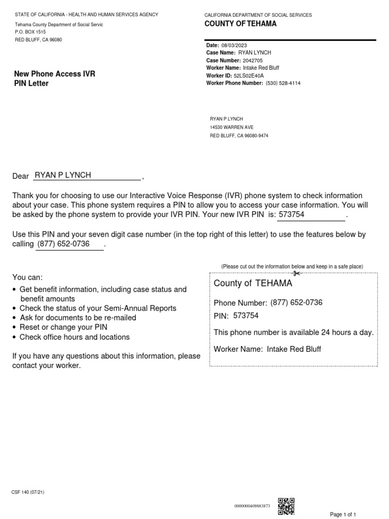 New Phone Access IVR PIN Letter | PDF