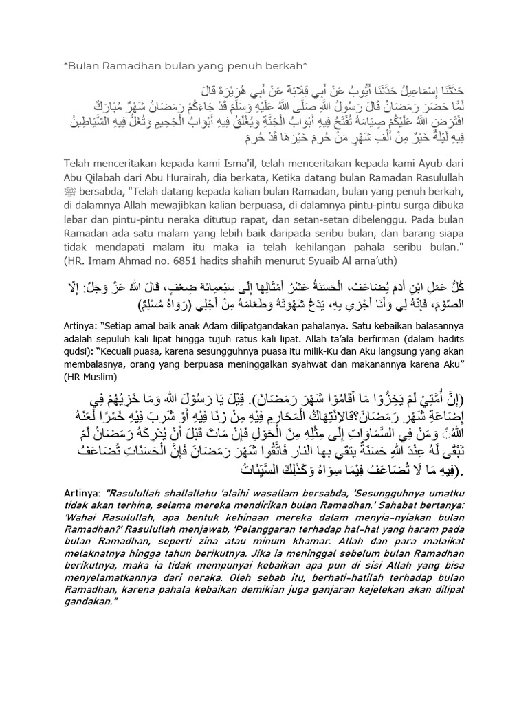 HADIS Bulan Ramadhan Bulan Yang Penuh Berkah | PDF
