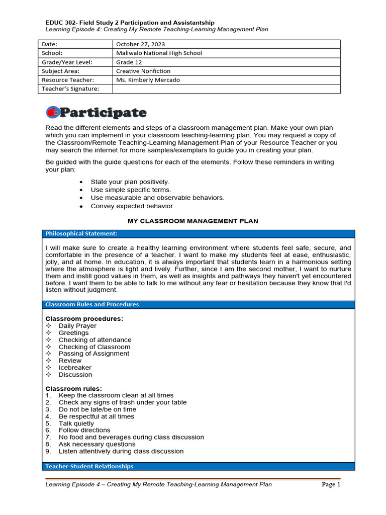 FS2, L.E 4 | PDF | Classroom Management | Teachers