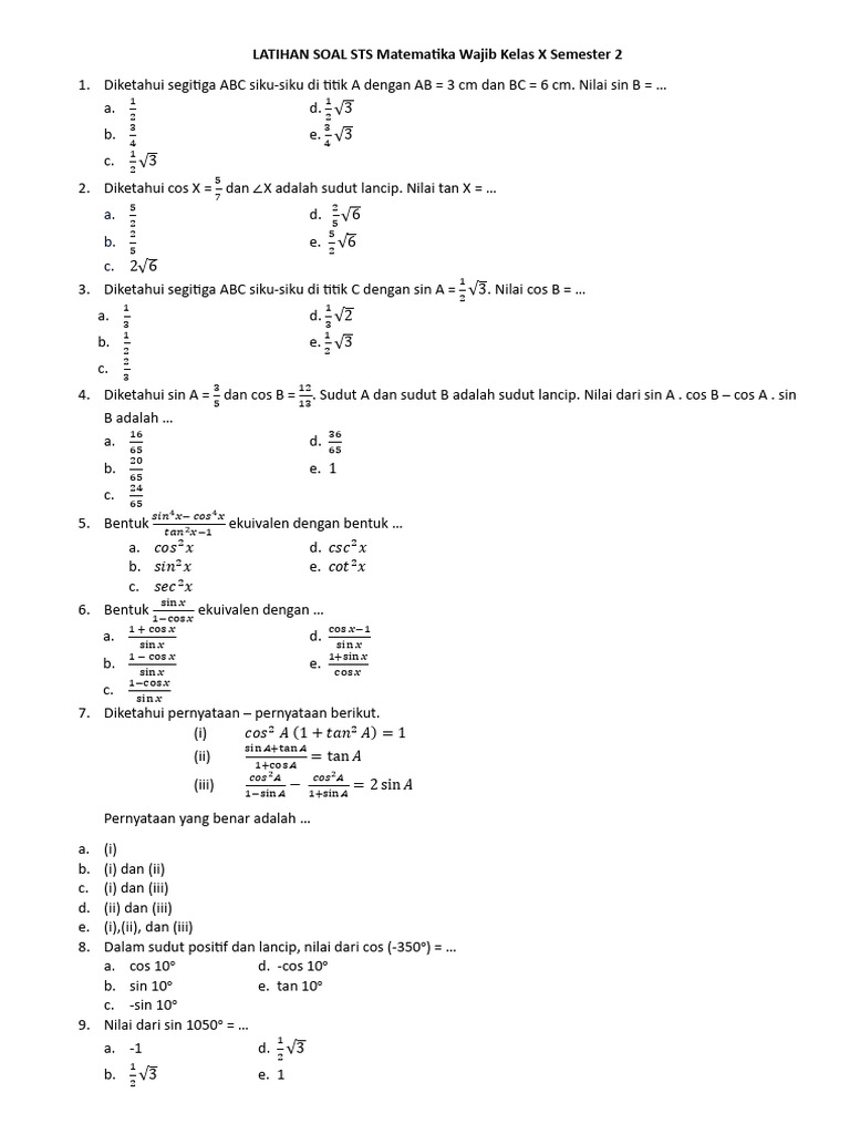 Latihan STS Matematika Kelas X SMT 2 | PDF | Metode & Bahan Ajar