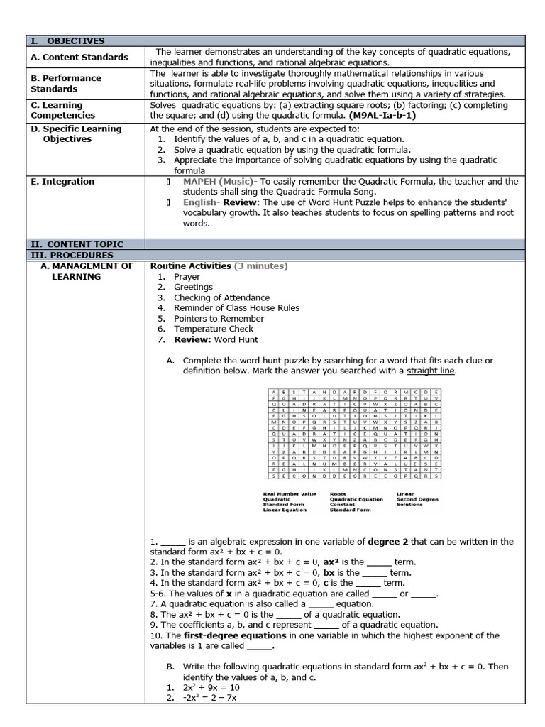 MATH9_LESSON PLAN-quadratic formula | PDF