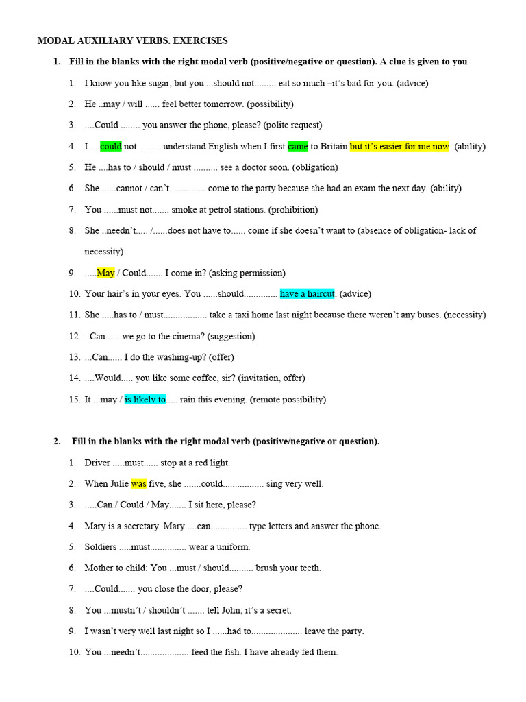 Modals Worksheet | PDF | Linguistic Typology