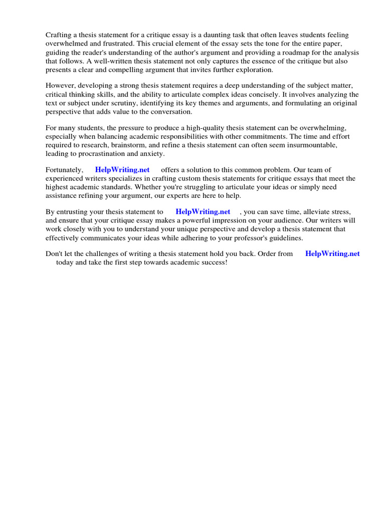 Examples of Thesis Statements For Critique Essays | PDF | Essays | Thesis