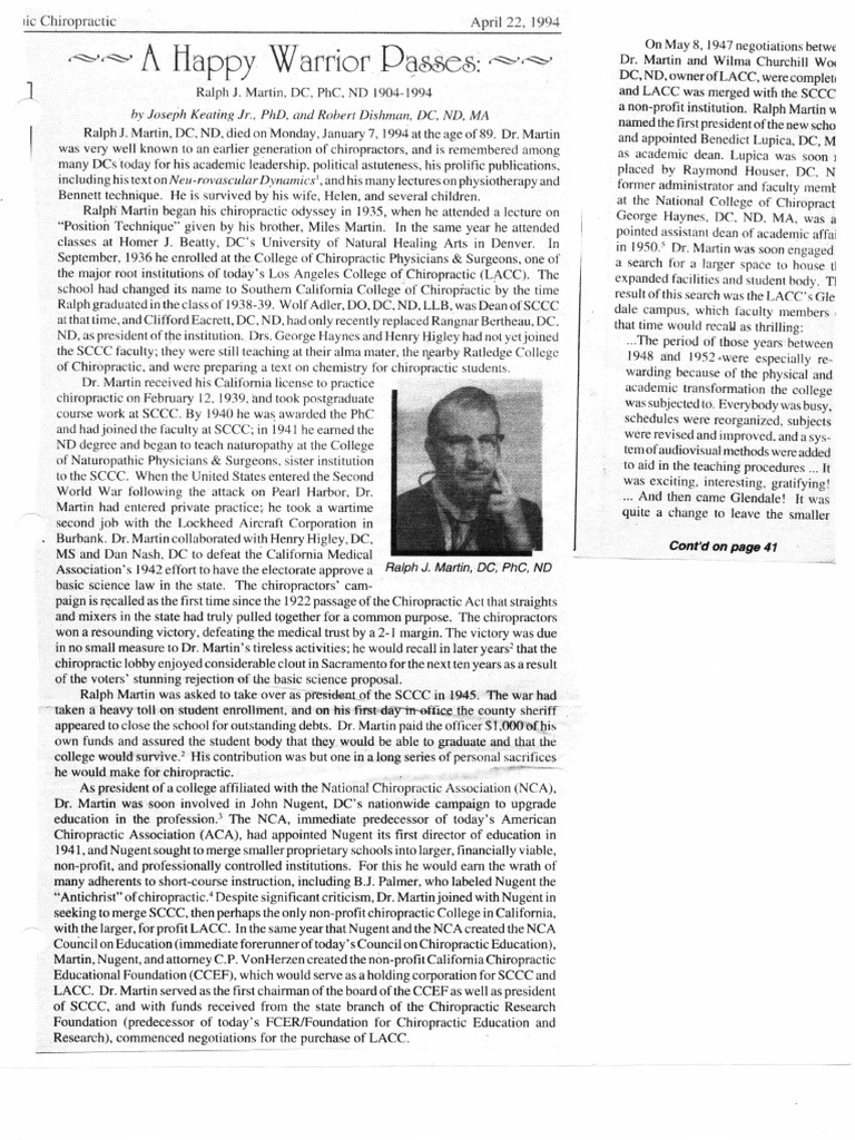 08 1994 0107 Ralph Martin - Obit & Bio | PDF | Chiropractic | Science