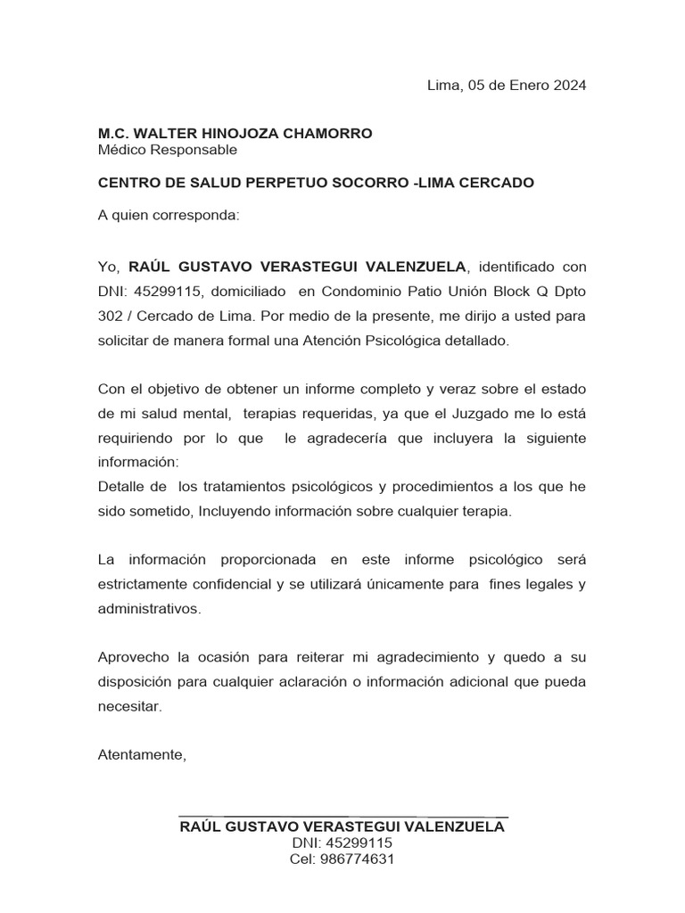 Solicitud De Informe Psicológico Formal Pdf
