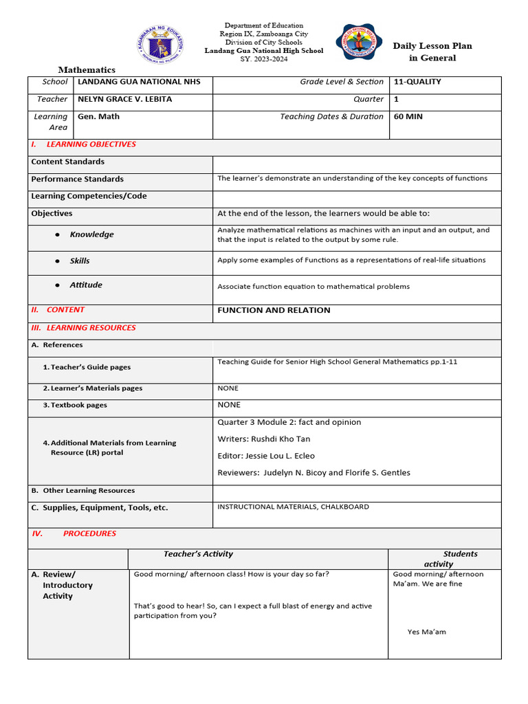 DLP GenMath | PDF | Function (Mathematics) | Learning