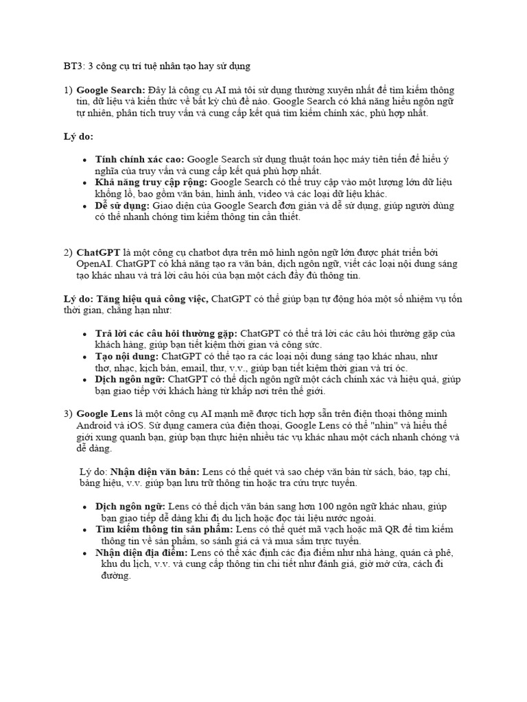 BT3: 3 công cụ trí tuệ nhân tạo hay sử dụng | PDF