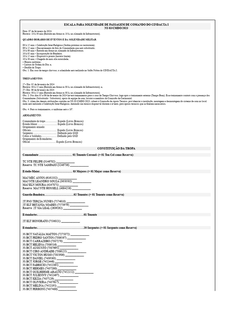 Escala para Solenidade de Passagem de Comando Do Cindacta I | PDF ...