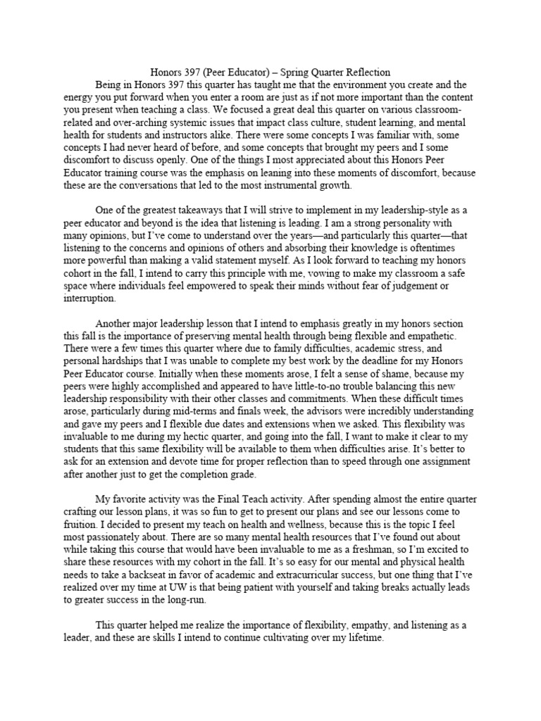 Peer Educator Spring Quarter Reflection | PDF | Teachers | Behavior ...