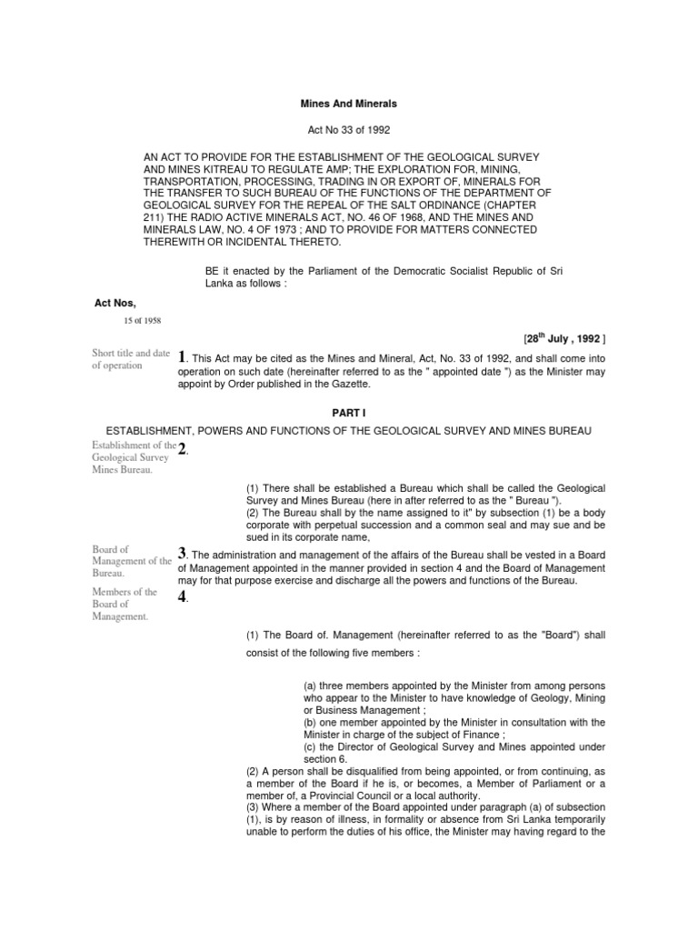 Mines and Minerals Act - 33 of 1992 | PDF