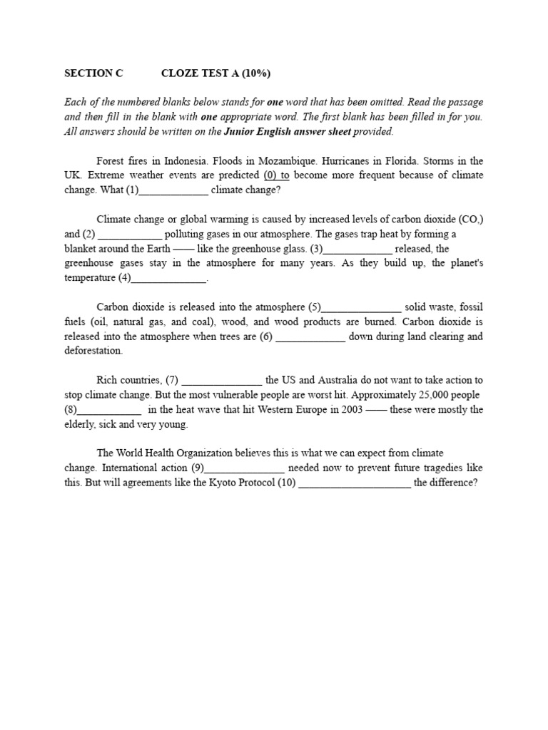 Section C - Cloze Test A (10%) | PDF | Wellness