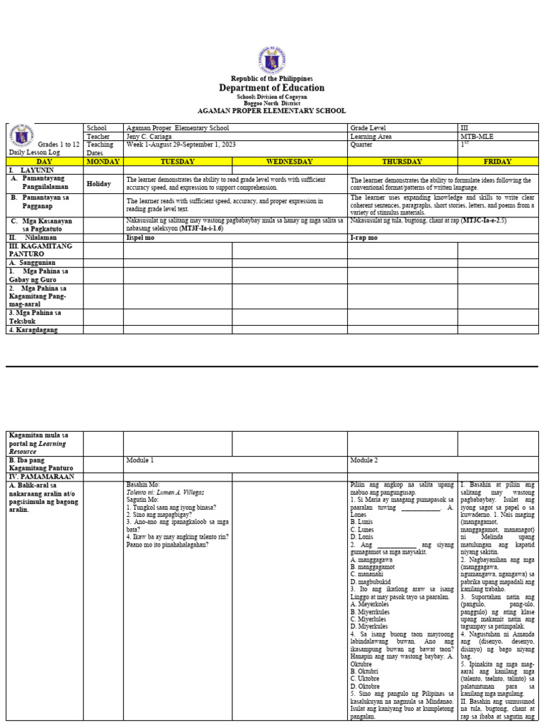 DLL Quarter 1 Week 1 MTB-MLE | PDF