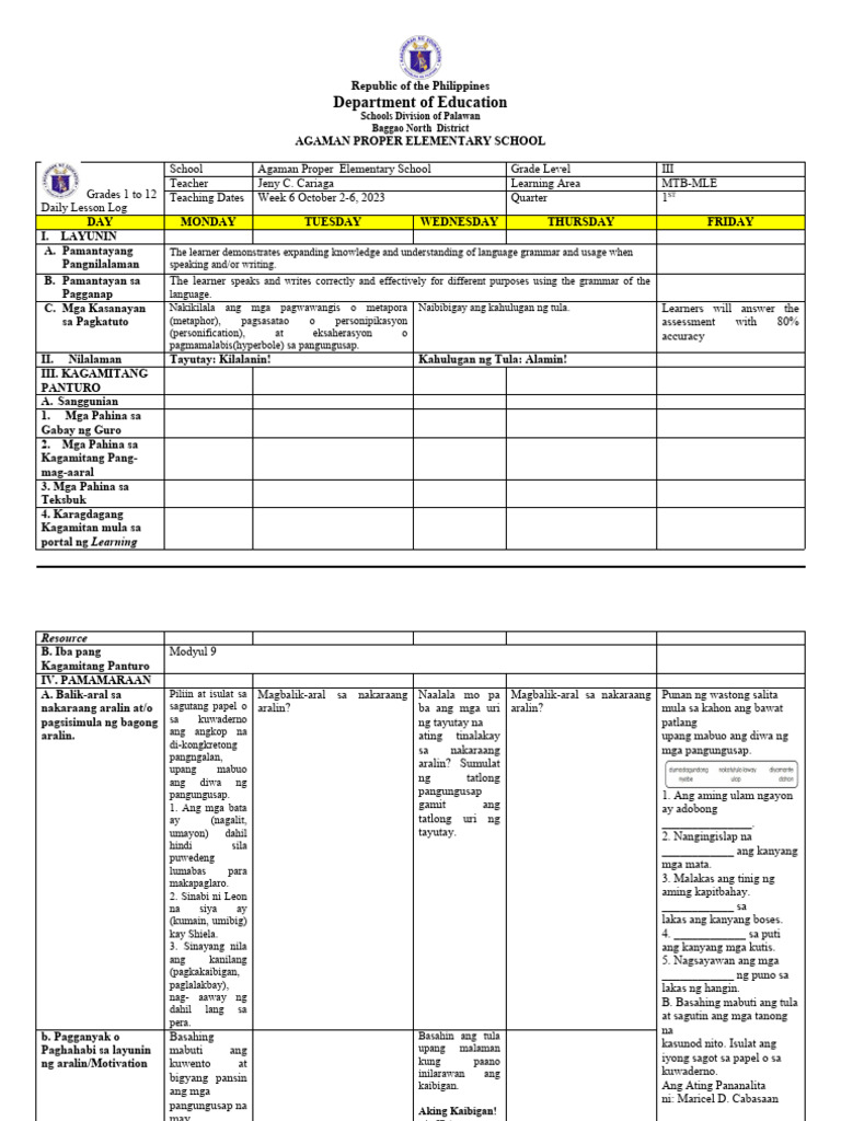 DLL Quarter 1 Week 6 Mtb-Mle | PDF