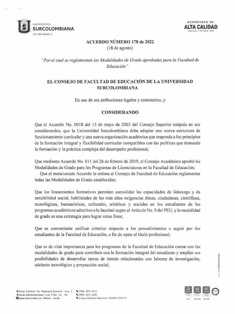 Modalidades de Grado - Acuerdo 178 de 2022 | PDF