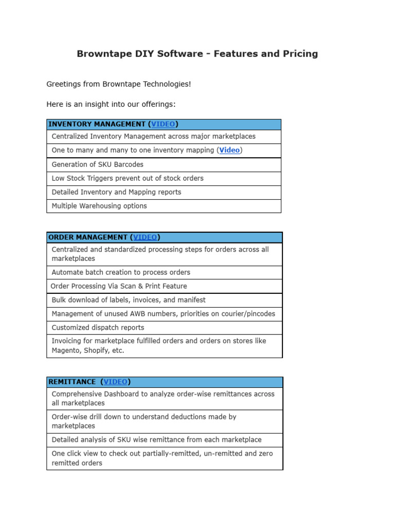 Browntape DIY Software - Features and Pricing | PDF | Pricing | Inventory