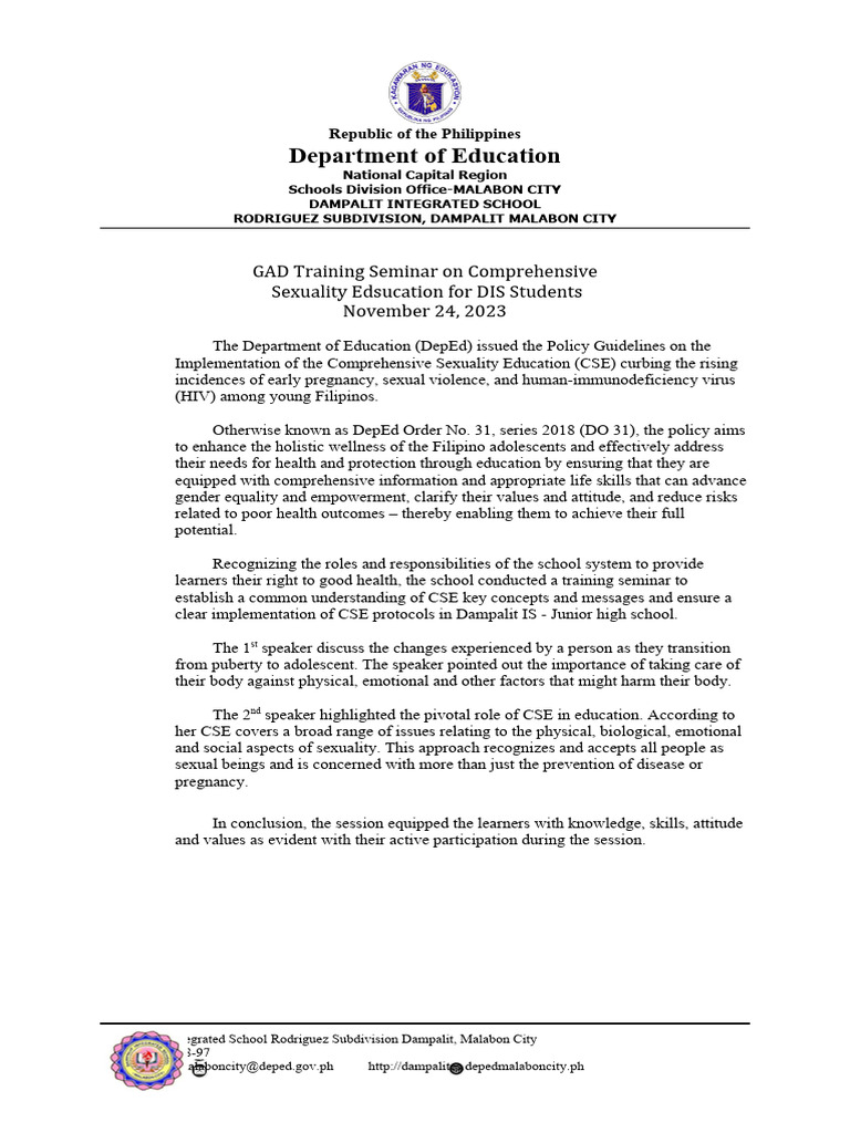 Gad-Narrative Report - Comprehensive Sexuality (JHS) | PDF