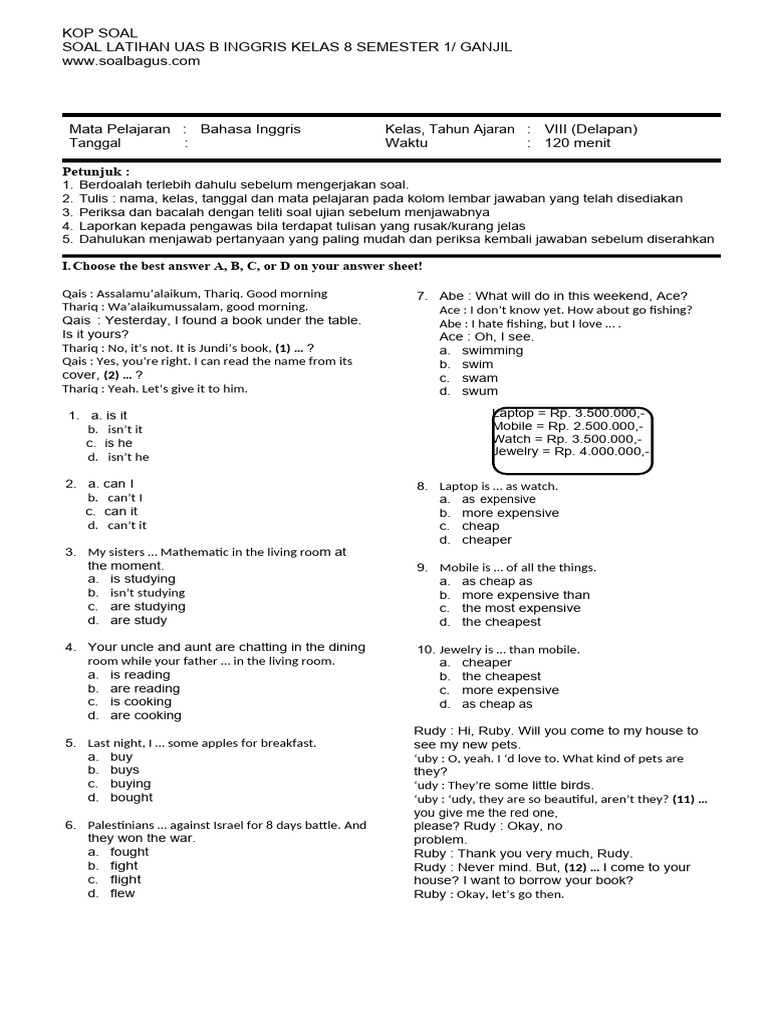 UAS English Practice for 8th Grade | PDF | Softlines (Retail) | Clothing