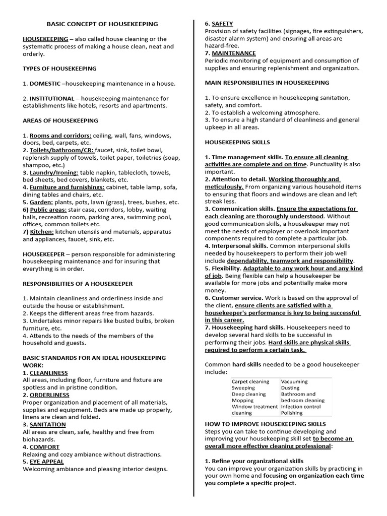 Basic Concept of Housekeeping - Notes | PDF