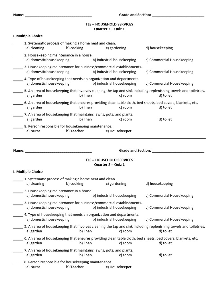 Quiz 1 Concept of Housekeeping | PDF