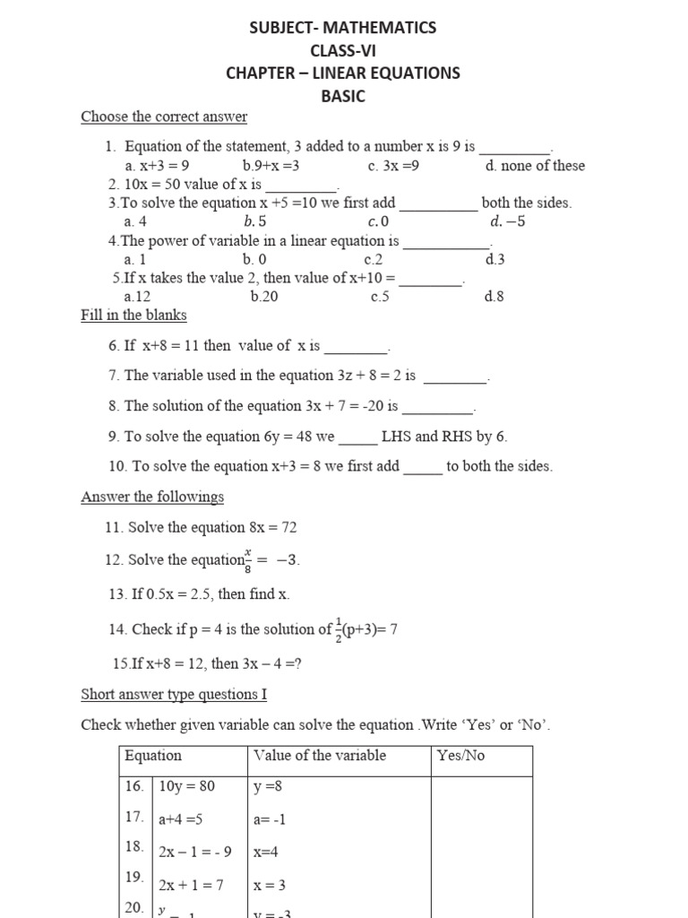 Class-6 Maths Chapter-7 Linear Equation Worksheet-Basic | PDF