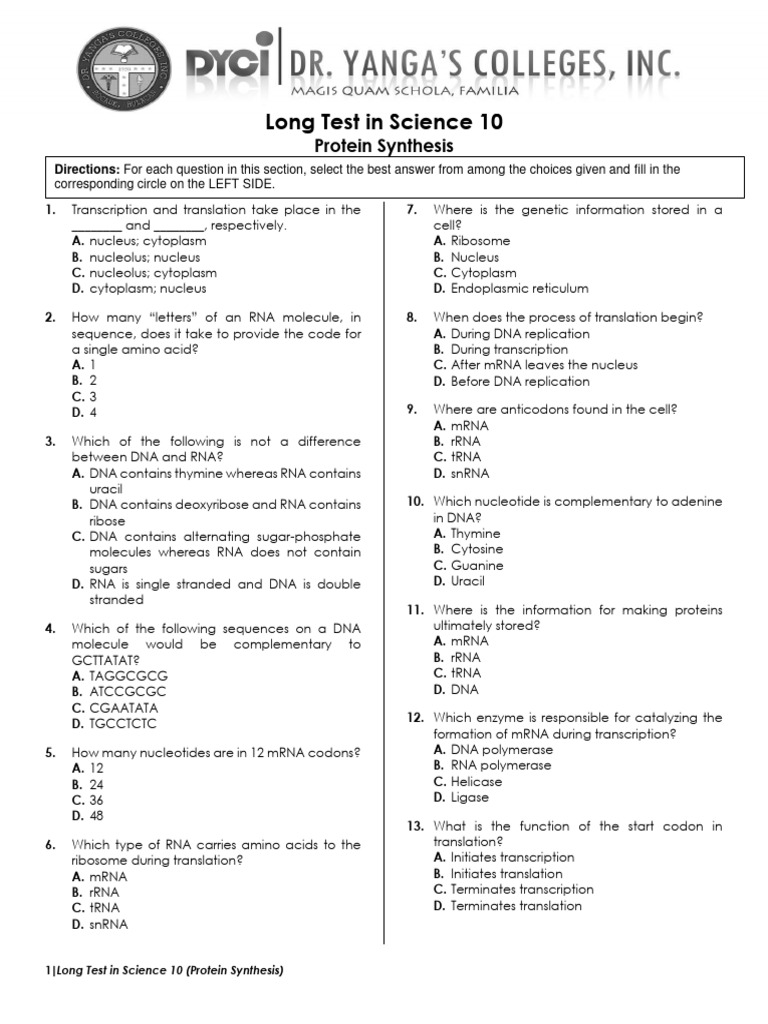 Science 10 Protein Synthesis Test | PDF | Translation (Biology) | Rna